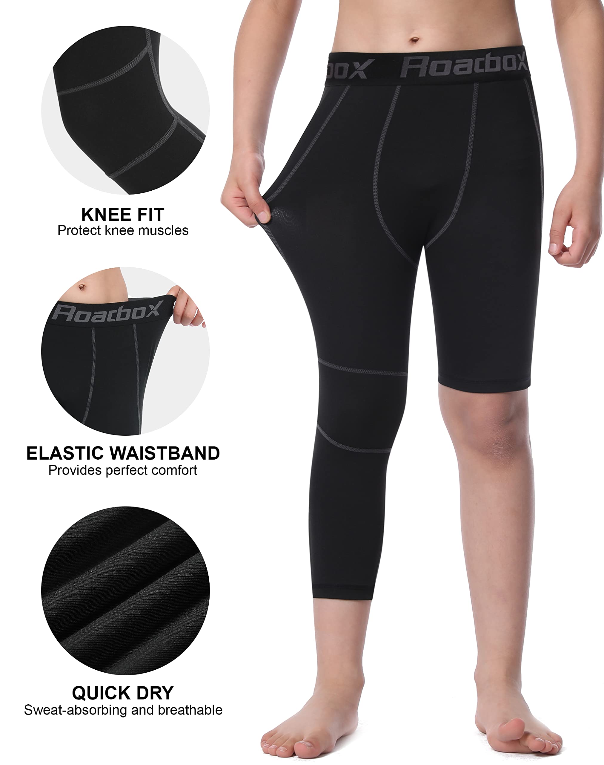 Roadbox Boys One Leg 3/4 Compression Pants 2 Pack - Basketball Tights for Gym Athletic Base Layer Leggings