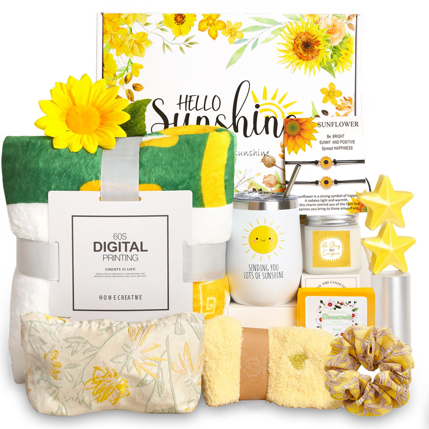 Sunflower Gifts for Women, Unique Birthday Gifts Box Get Well Soon Self Care Gifts Basket with Blanket Tumbler Candle for Daughter Sister Mom Best Friend, Sending Sunshine for Her