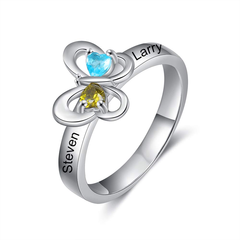 Personalized Butterfly Ring with 2 Names Engraved 2 Heart Simulated Birthstones for Women BFF Anniversary Rings Mom Daughter Ring Personalized (Size 9)
