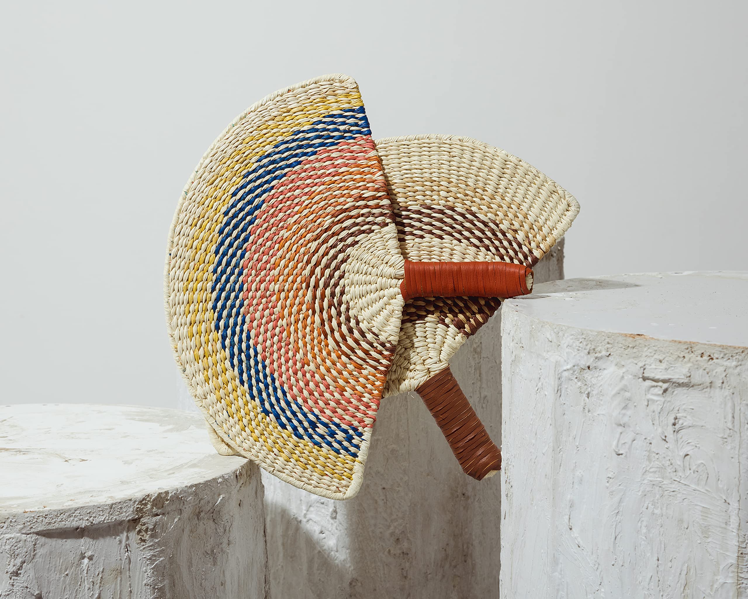 SENSI STUDIO, Handfan, OS, Multicolor Straw / Orange Leather
