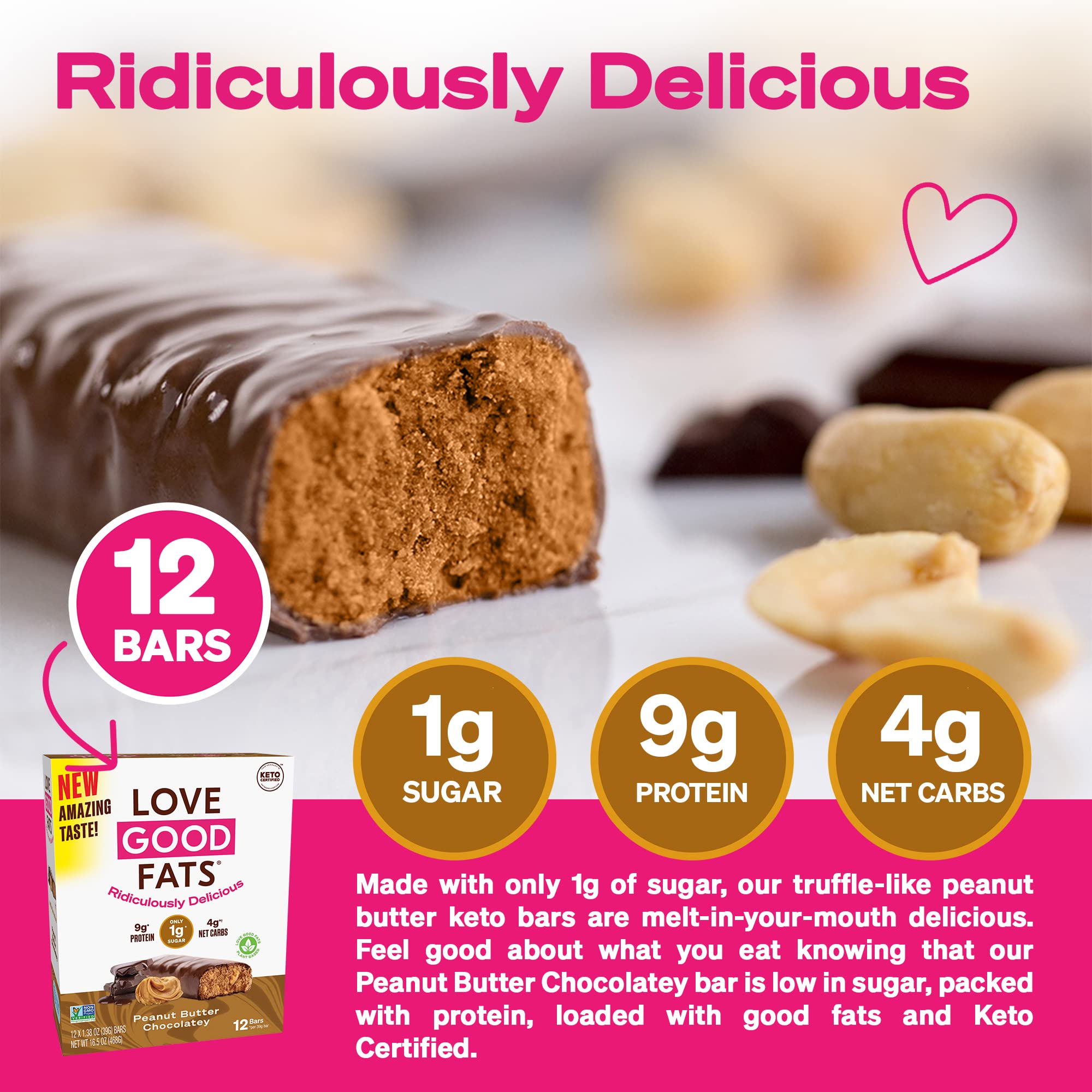 Love Good Fats Mint Chocolate Chip and Truffle Peanut Butter Chocolate - Plant-Based Protein Snack, Low Carb, Low Sugar, Gluten Free, Non GMO, 12 Pack
