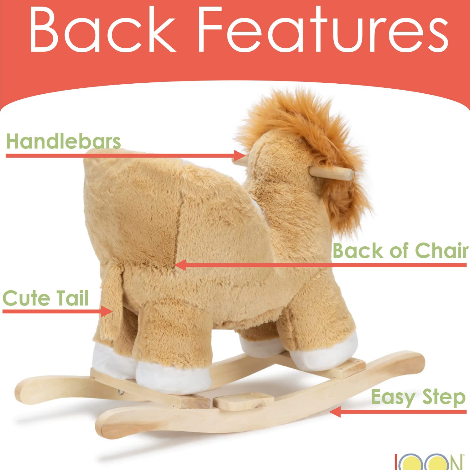 ROARY RIDE-ON CHAIR ROCKING HORSE LION by JOON, Great for Toddler Development, Very Soft Fabric, Safe Rocker with Sturdy Wood Handles & Base, Boost Imagination & Creativity with Lullaby Sounds, Tan