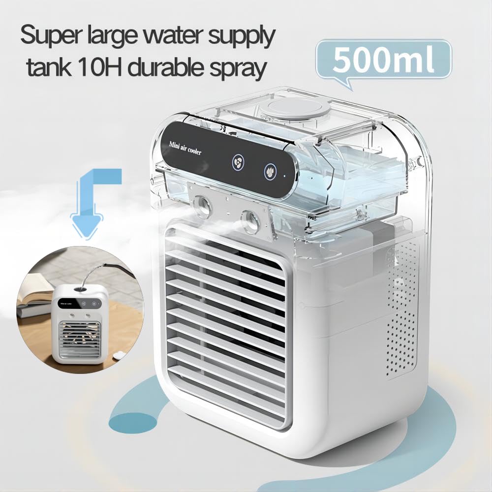 TEDATATA Desk Fan with Cold Water Tank, Mini Spray Air Conditioning Fan, Desktop Cooling Fan, USB Rechargeable, Home Office Car Small Air Cooler (White)