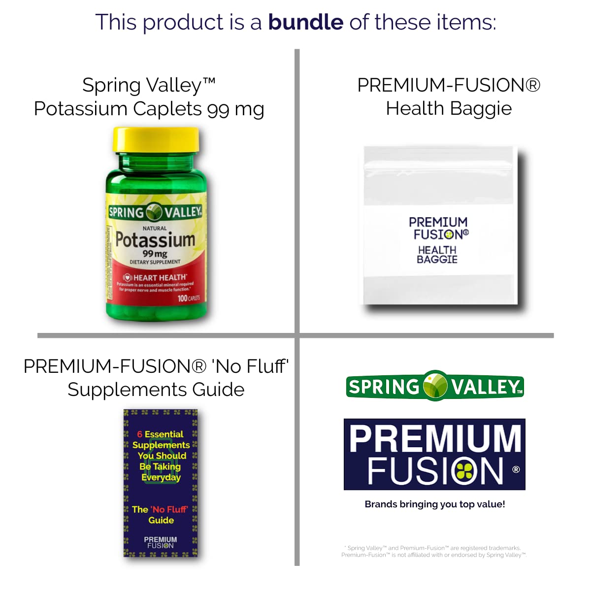 Potassium Supplement 99 mg Caplets - 3+ Month Supply (100 Caplets) - Heart, Nerve & Muscle Function from Spring Valley + Vitamin Pouch and Guide to Supplements