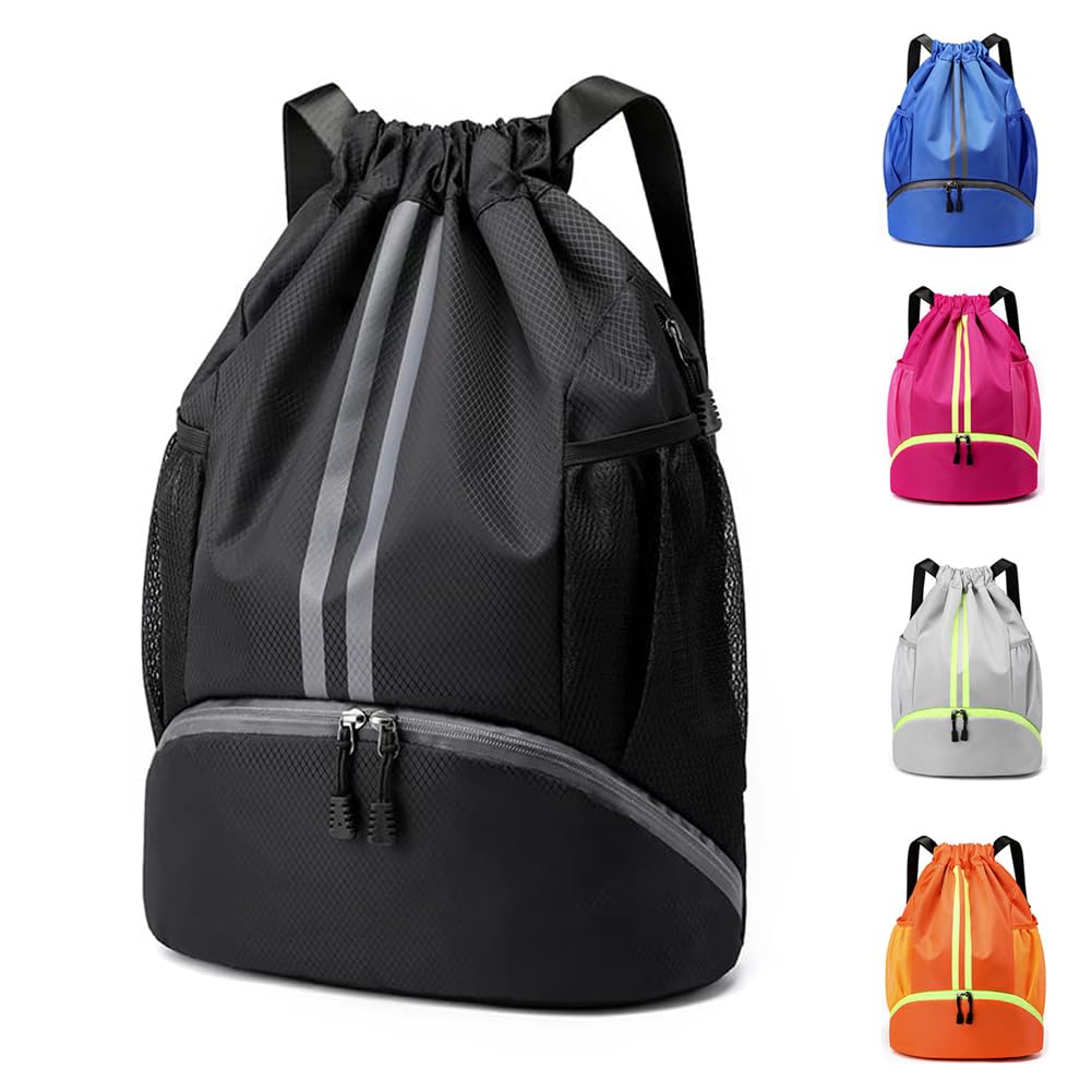 LIERWOI Drawstring Backpack Waterproof Sports Backpacks with Mesh Pockets Shoe Compartment Gym Bag With Water Bottle Holder