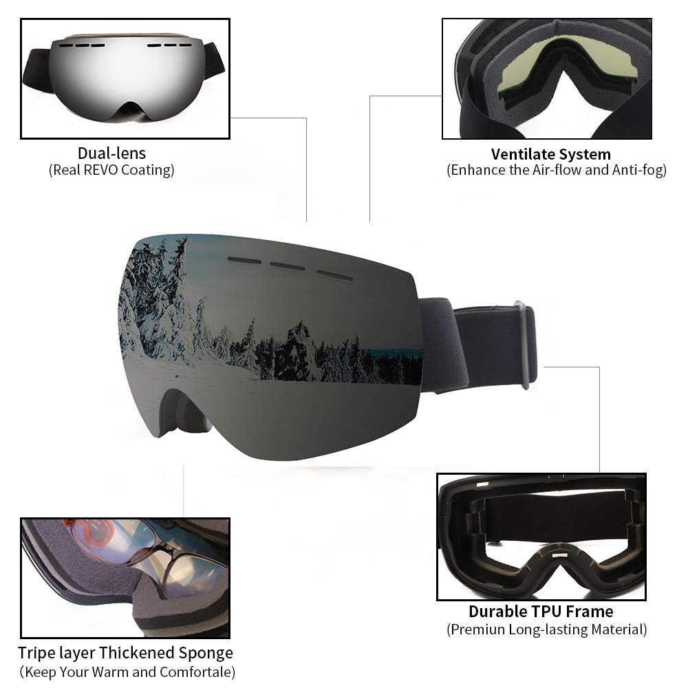 LR Ski Goggles Snowboard Goggle Over Glasses with Anti-Fog Spherical Dual Interchangable Lens for Men Women UV400 3002 (Black/Classic Grey)