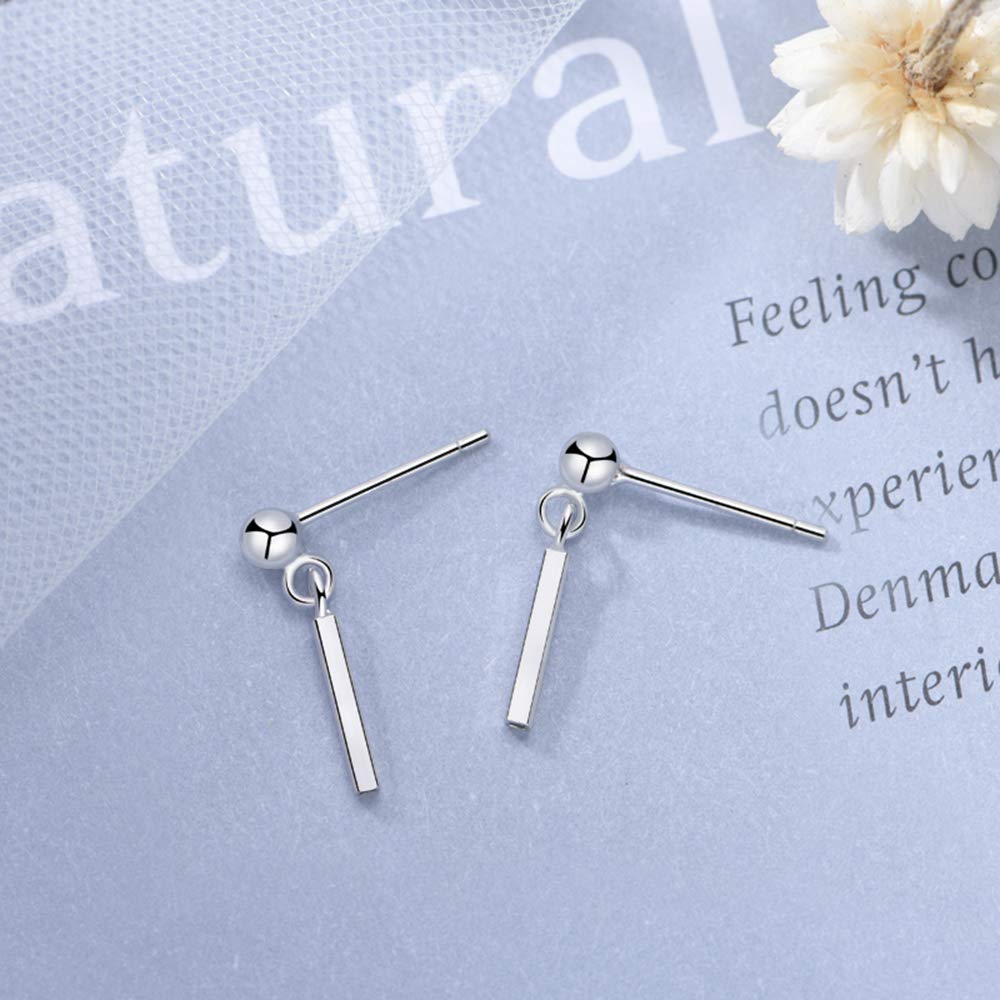 Minimalist Bar Dangle Stud Earrings Sterling Silver for Women Girls Simple Chic Statement Ball Cartilage Ear Studs Post Piercing Earring Cute Jewelry Gifts (White Gold)