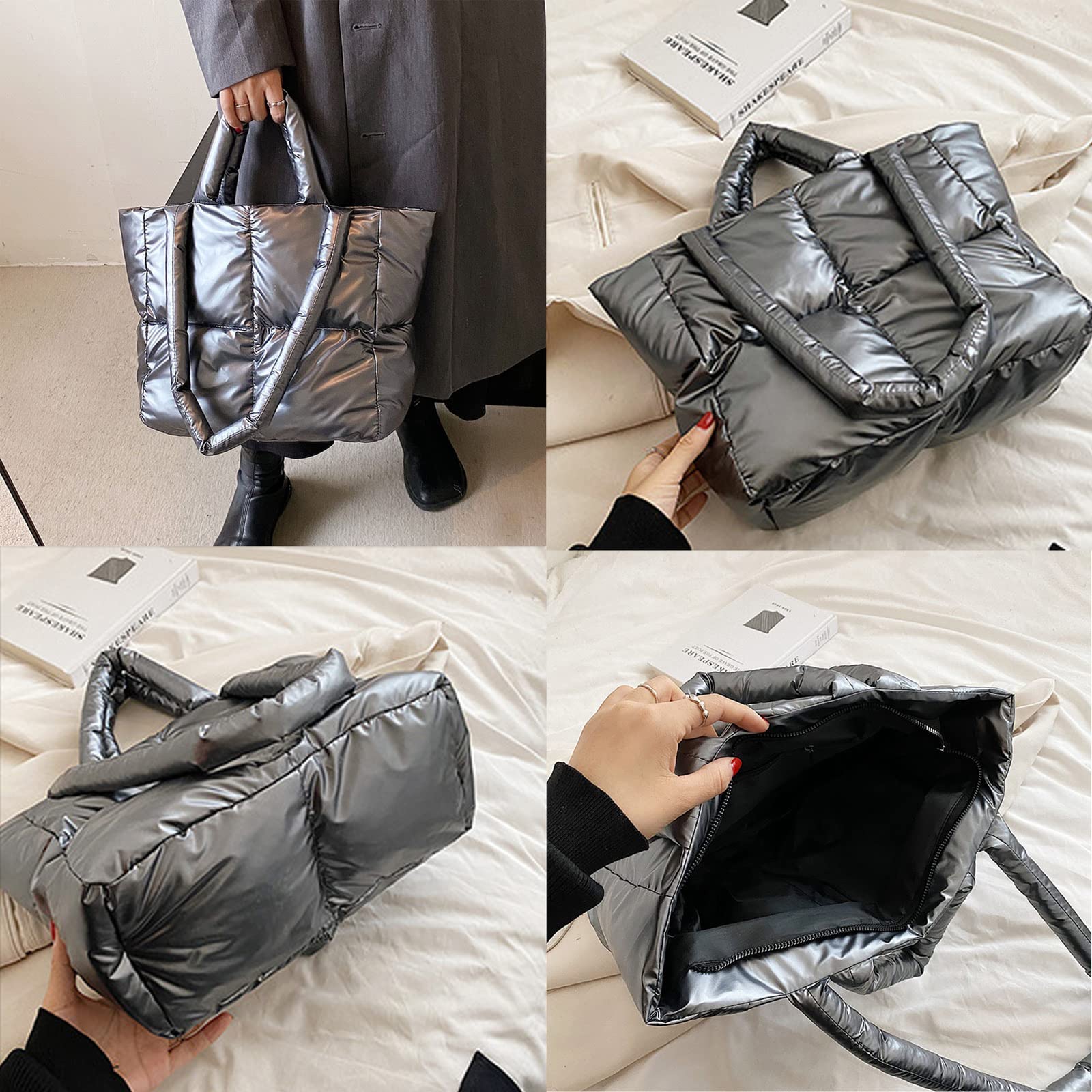 Soft Puffer Tote Bag Puffy Quilted Tote Bag For Women Winter Lightweight Down Cotton Padded Puffer Purse Trendy Luxury Silver One Size