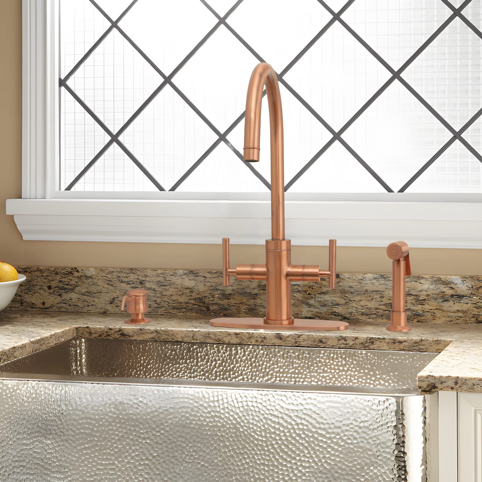 Two-Handle Widespread Kitchen Faucet with Side Sprayer (Copper)