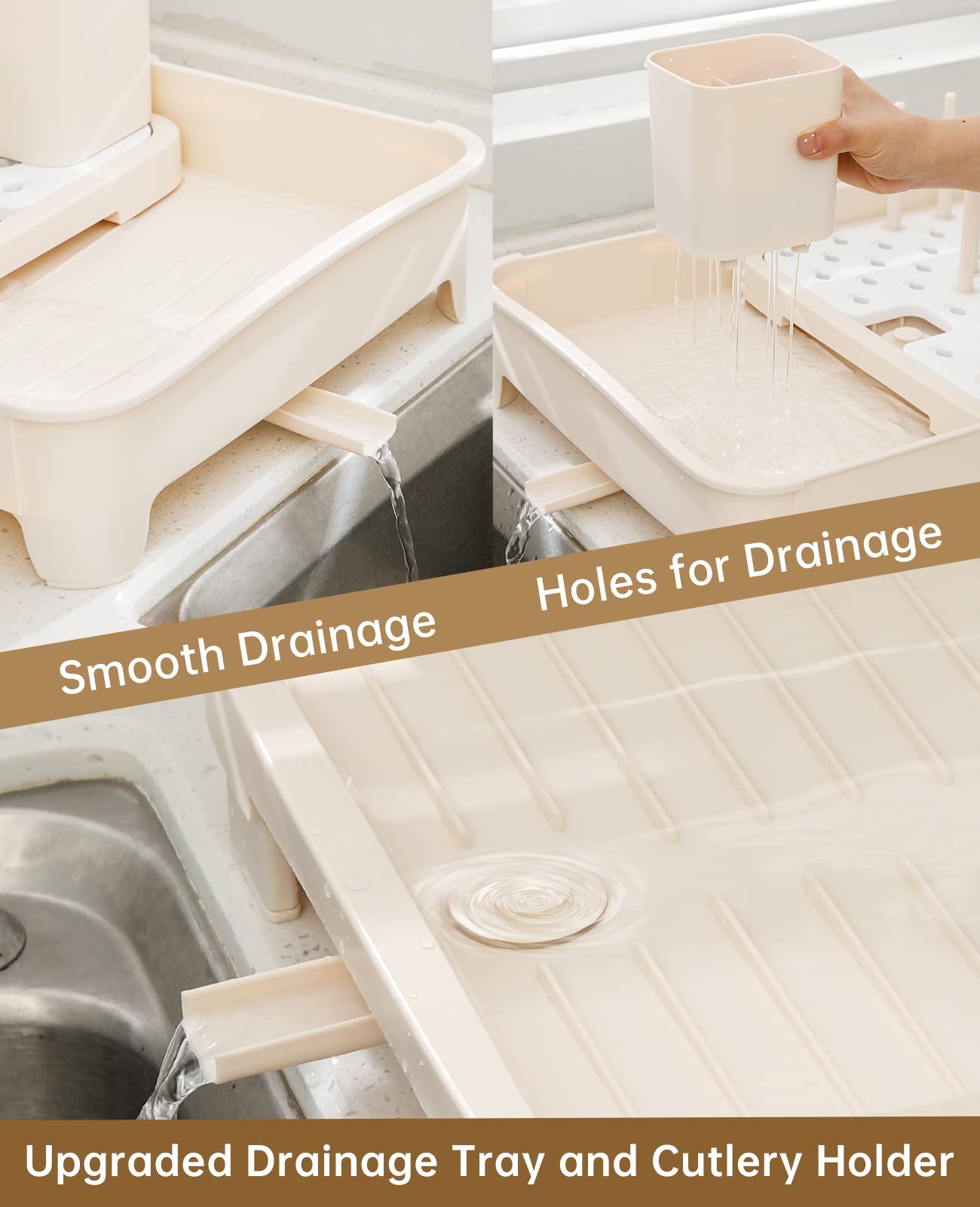 Outlet Dish Drying Rack - Large Adjustable Dish Rack Expandable Plastic Dish Drainer for Kitchen Counter with Utensil Holders, Detachable Space Saving Kitchen Organizer for Bowls Plates (Apricot)