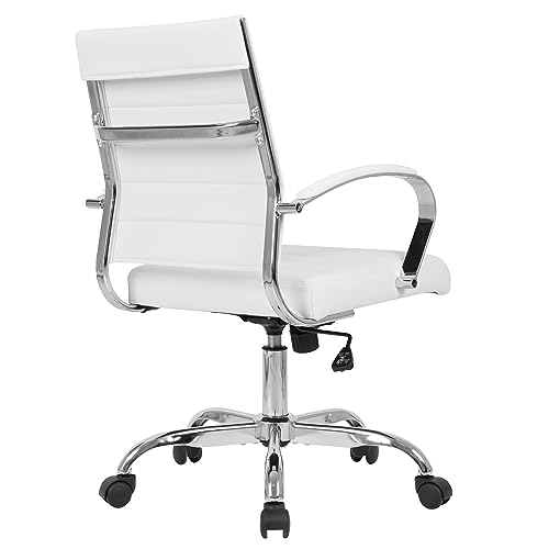 LANDSUN Home Office Chair Mid Back Desk Chair PU Leather Ribbed Executive Swivel Computer Chair with Wheels and Armrests Soft Padded Adjustable Height Conference Task White