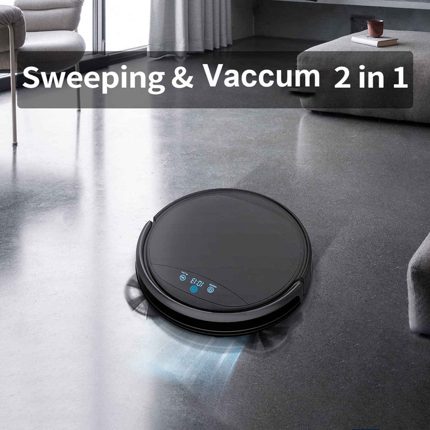 Robot Vacuum,Automatic Robotic Vacuum Cleaner Self-charging Robot Schedule Cleaning with remote 500 ML large Dustbin 120min Deep clean for Carpet, hardfloor,tiles and pet hair clean(Black)