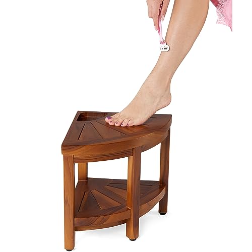 TeakCraft Corner Teak Shaving & Foot Rest with Shelf, 12" Fully Assembled, The Tilos