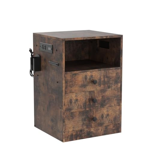 LIKIMIO Nightstand with Charging Station and 3 Drawers, LED Lights End Side Table with interchangeable sockets and Hooks, Vintage Brown