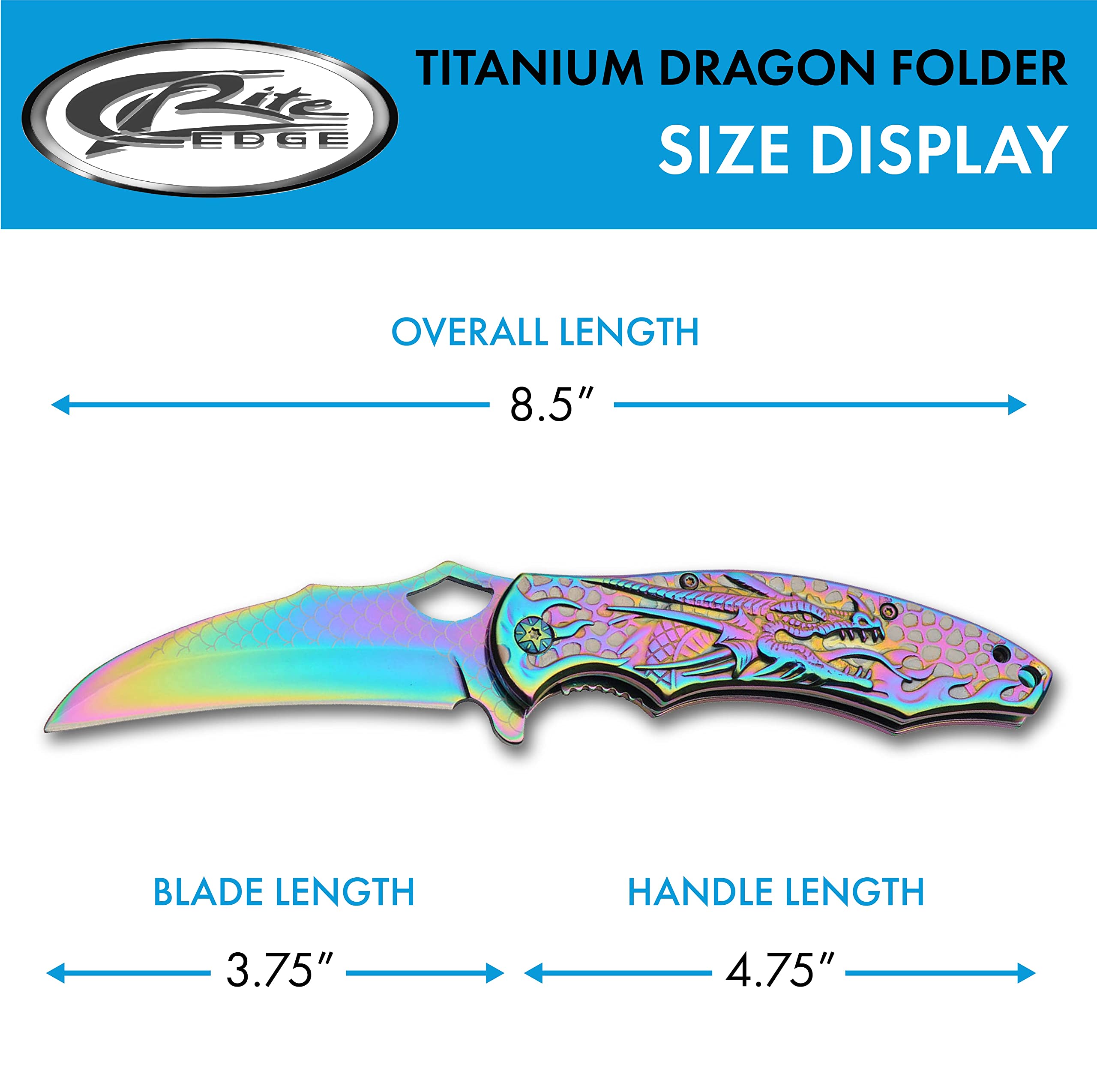 SZCO 8.5β Titanium Finished Rainbow Dragon EDC Folding Knife With Pocket Clip (300580-RB)