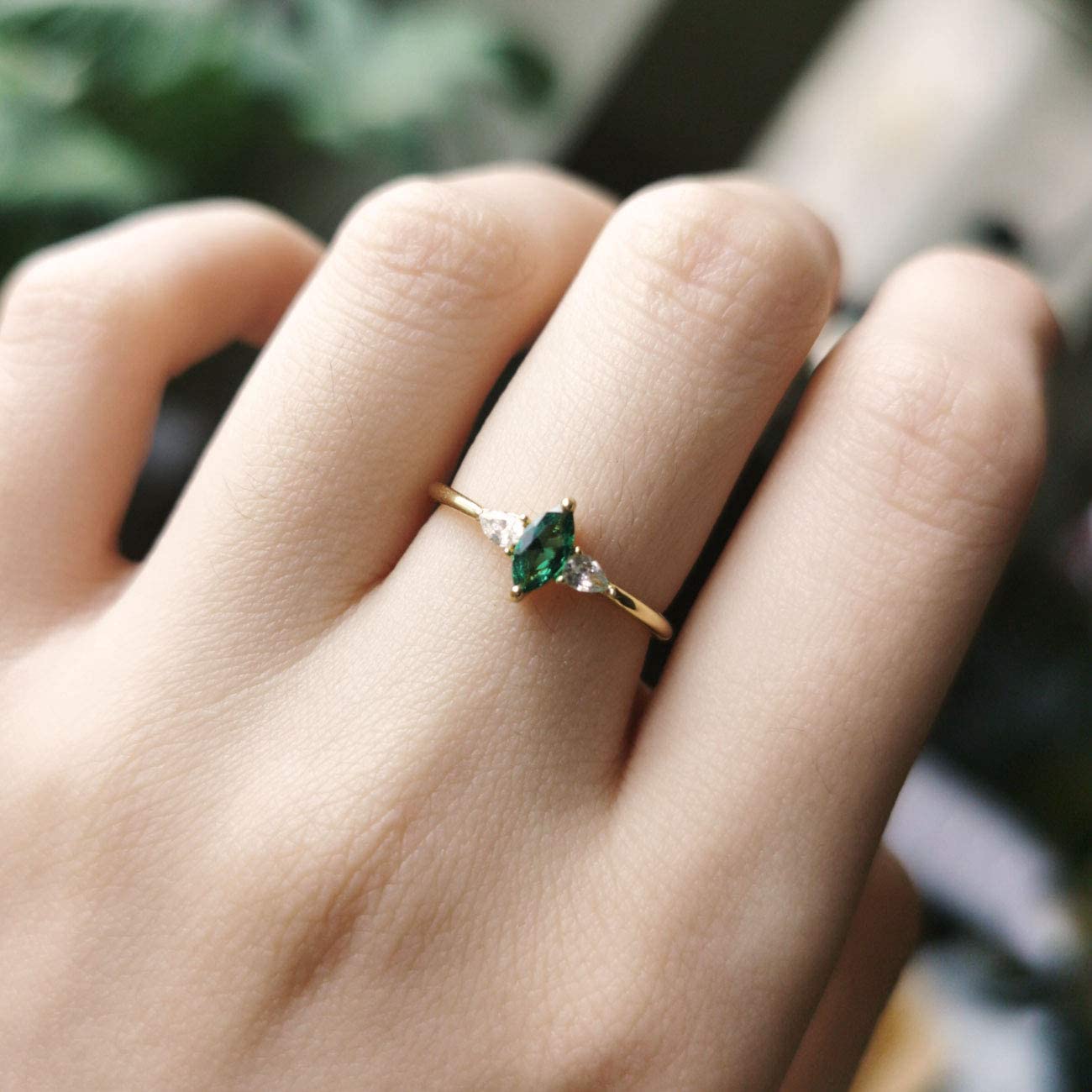Michooyel 18K Gold Plated Dainty Emerald Rings Marquise Cut Diamond Sterling Silver Rings Cute Rings For Women