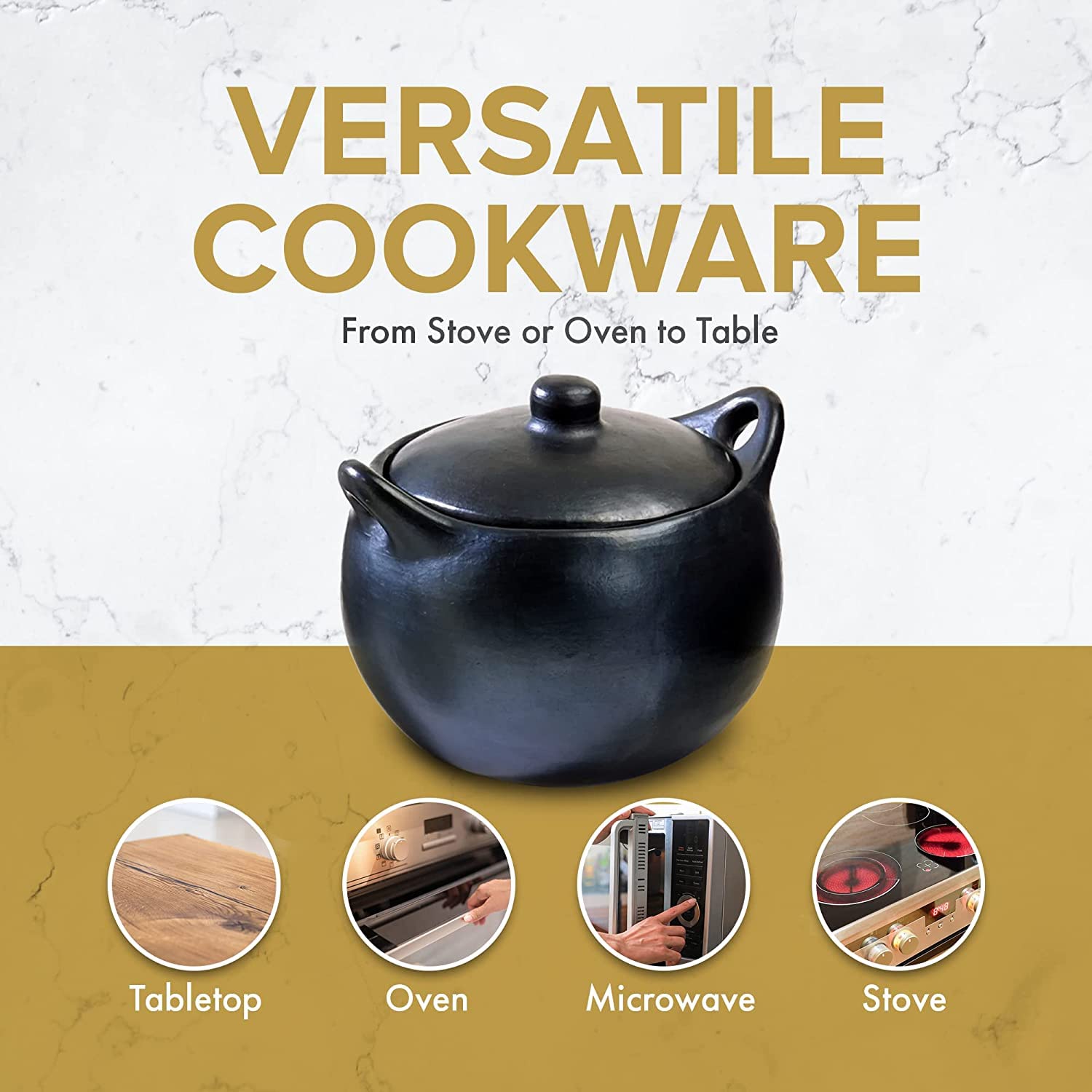 Toque Blanche Clay Pot Essentials - Versatile Clay Cooking Pots, Handmade Earthenware Cookware - Perfect for Cooking Soups, Stews, and More | Black - 6-Quart Large Pot with Handle & Lid