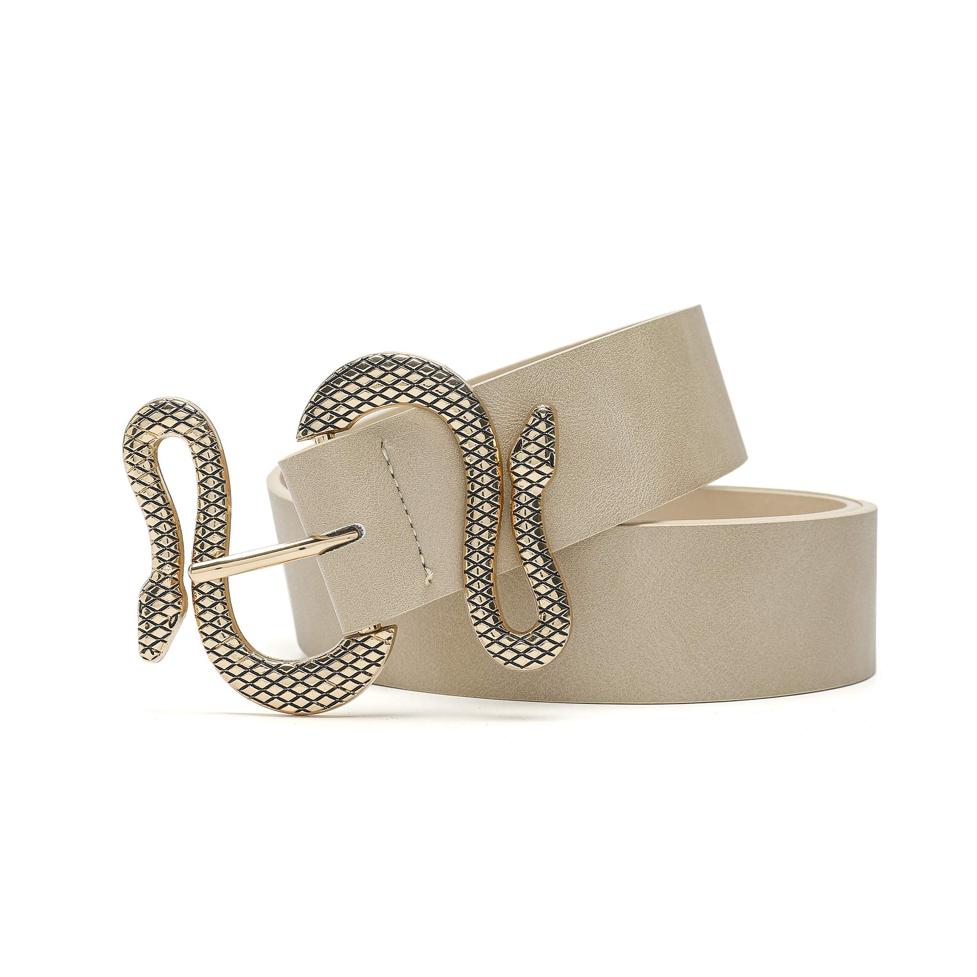 MORELESS Designer Belts for Jeans Women Leather Belt with Snake Buckle Beige X-Smal
