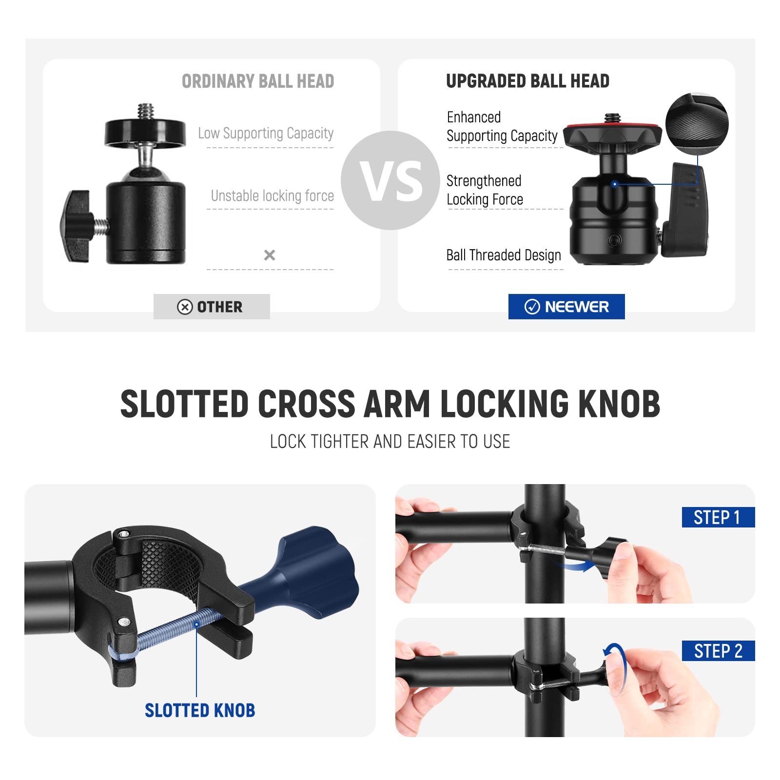 NEEWER Upgraded Tabletop Camera Mount Stand with 3 Section Flexible Arm, Overhead Height Adjustable Stand Mount with Phone Holder, Ball Head for DSLR Camera, Phone, LED Light, Webcam, TL253A+MH022