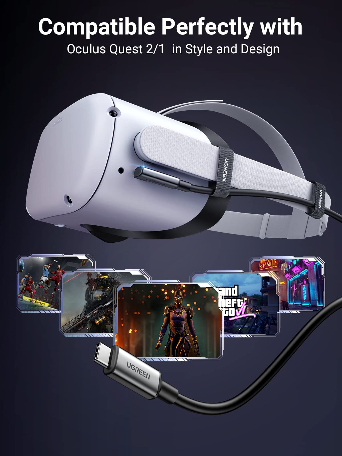 UGREEN Link Cable Compatible with Oculus Quest 2/ Pico 4 and PC/Steam VR, 16FT VR Link Headset Cable with High-Speed Transfer and Fast Charging, USB 3.0 USB C to C Cable for VR Headset and Gaming