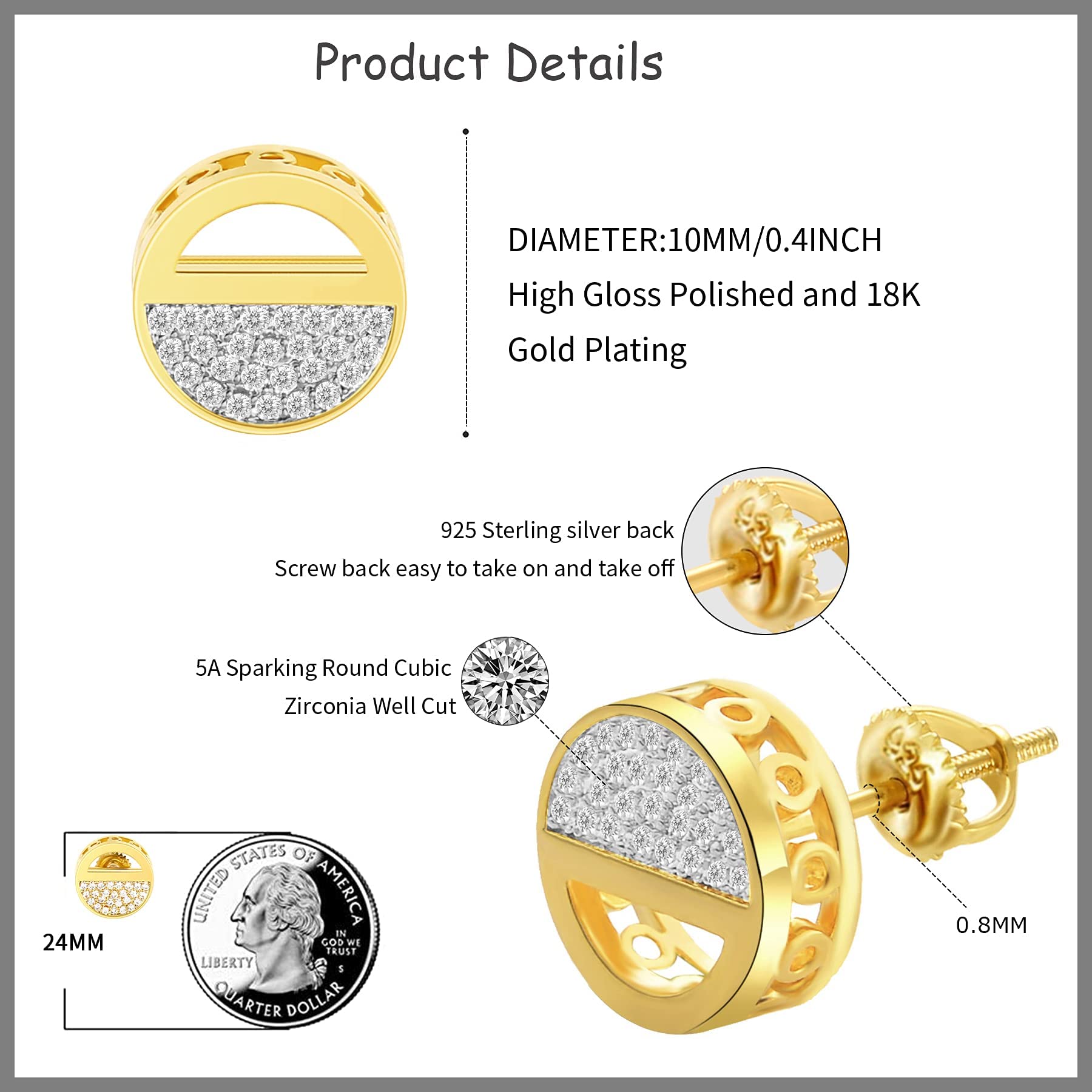 MOROTOLE 18K Gold and Silver Plated Earring Iced out Hypoallergenic Tiny Round with Screw Back and Post Cubic Zirconia Stud Earrings