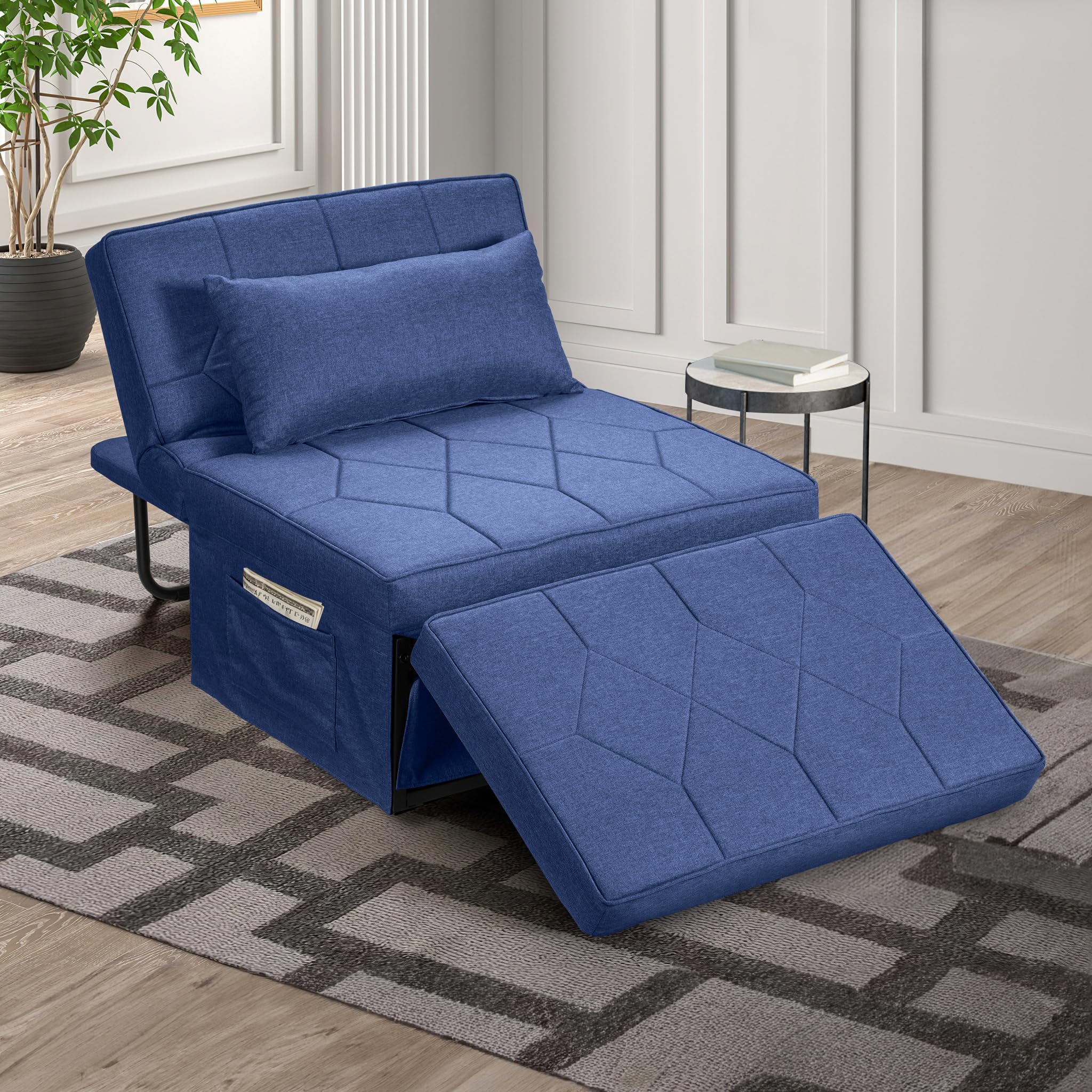 Litbird Folding Ottoman Sofa Bed, Convertible Chair 4 in 1 Multi-Function Ottoman, Couch Bed with 6 Position Adjustable Backrest, Modern, Linen, Blue