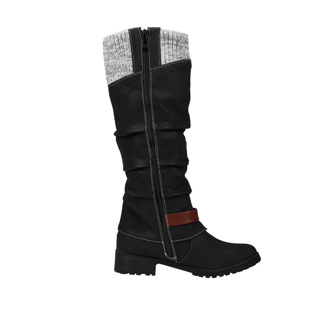 NOLDARES Boots for Women Wedge Heel Pointed Toe Buckle Platform Boots Casual Zipper Knee High Boots Low Heel Winter Zipper Boots Z12 Black 9
