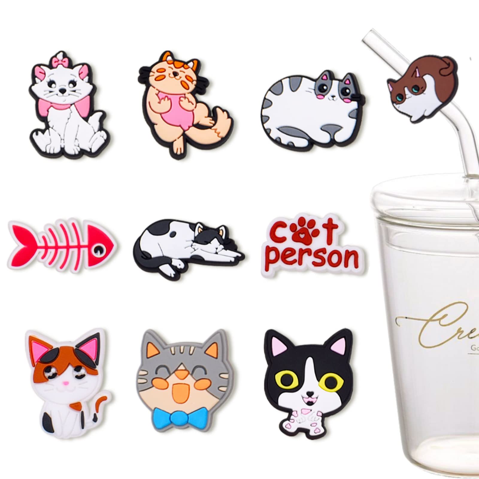 Silicone Cat Straw Cover - 10 Pack Adjustable Cute Reusable Kitten Drinking Straw Caps Charms Pen Accessories for Pencil Straw Home Kitchen Accessories(Cat)