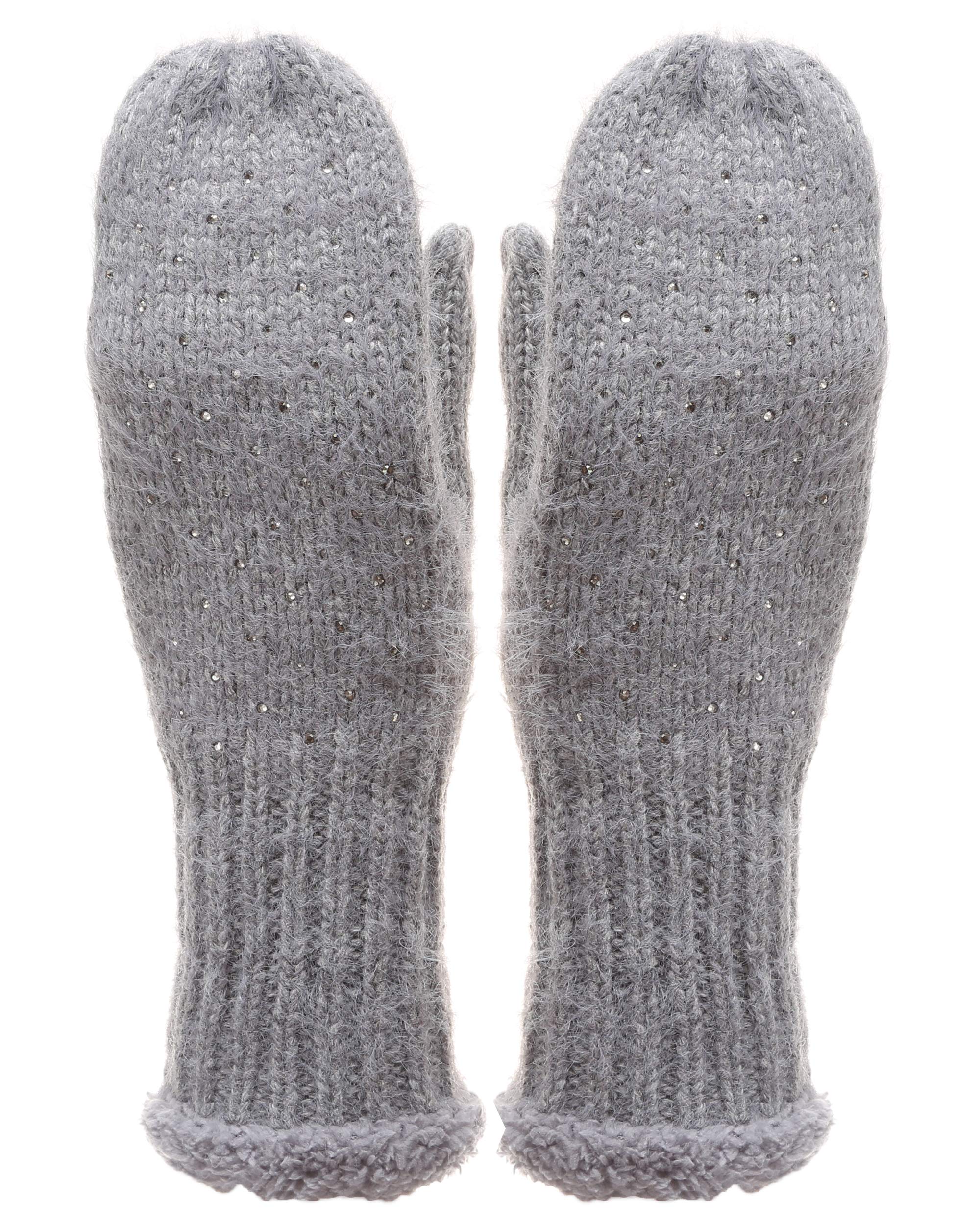 MIRMARU Women’s Winter Warm Gloves Classic Thick Cable Knit Mittens with Soft Plush Lining (Rhinestone, Grey)