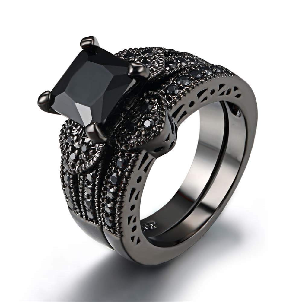 LOVERSRING Two Rings His and Hers Couple Ring Bridal Set His Hers 3pc Women Black Gold Plated Black Cz Man Stainless Steel Wedding Ring Band Set