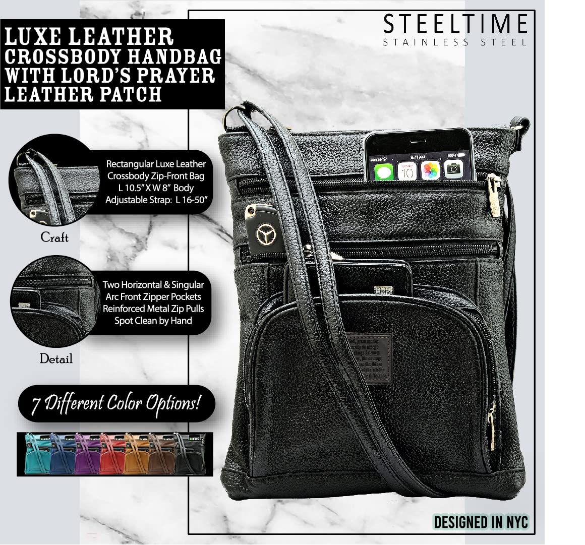 Steeltime Unisex Super Soft Leather Catholic Crossbody Bag with Lords Prayer Patch and Carrying Strap | Crossbody Purses for Women, Men