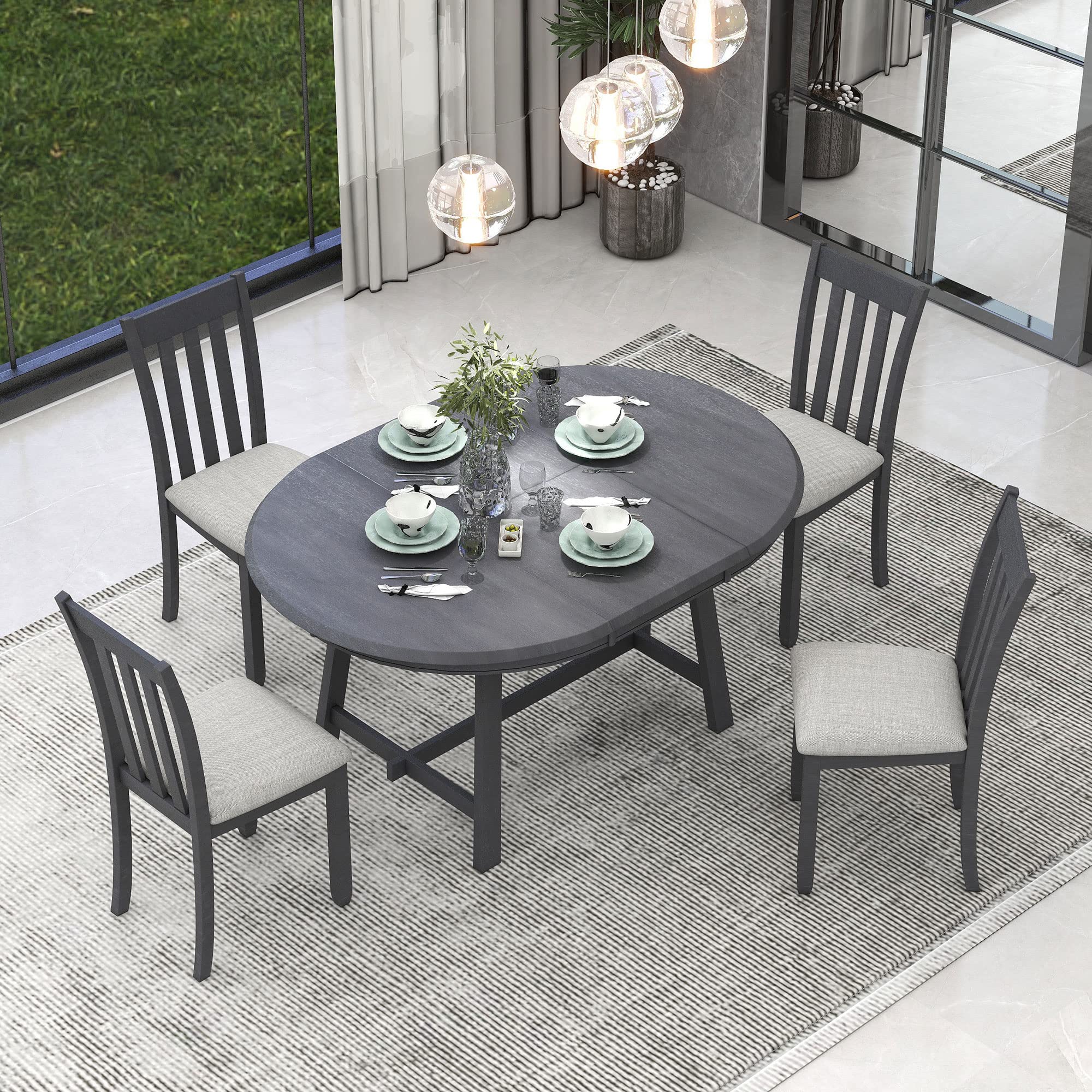 LAVHOME 5-Piece Extendable Round Set with 4 Chairs, Wood Kitchen Table for 4 People for Dining Room (Gray)