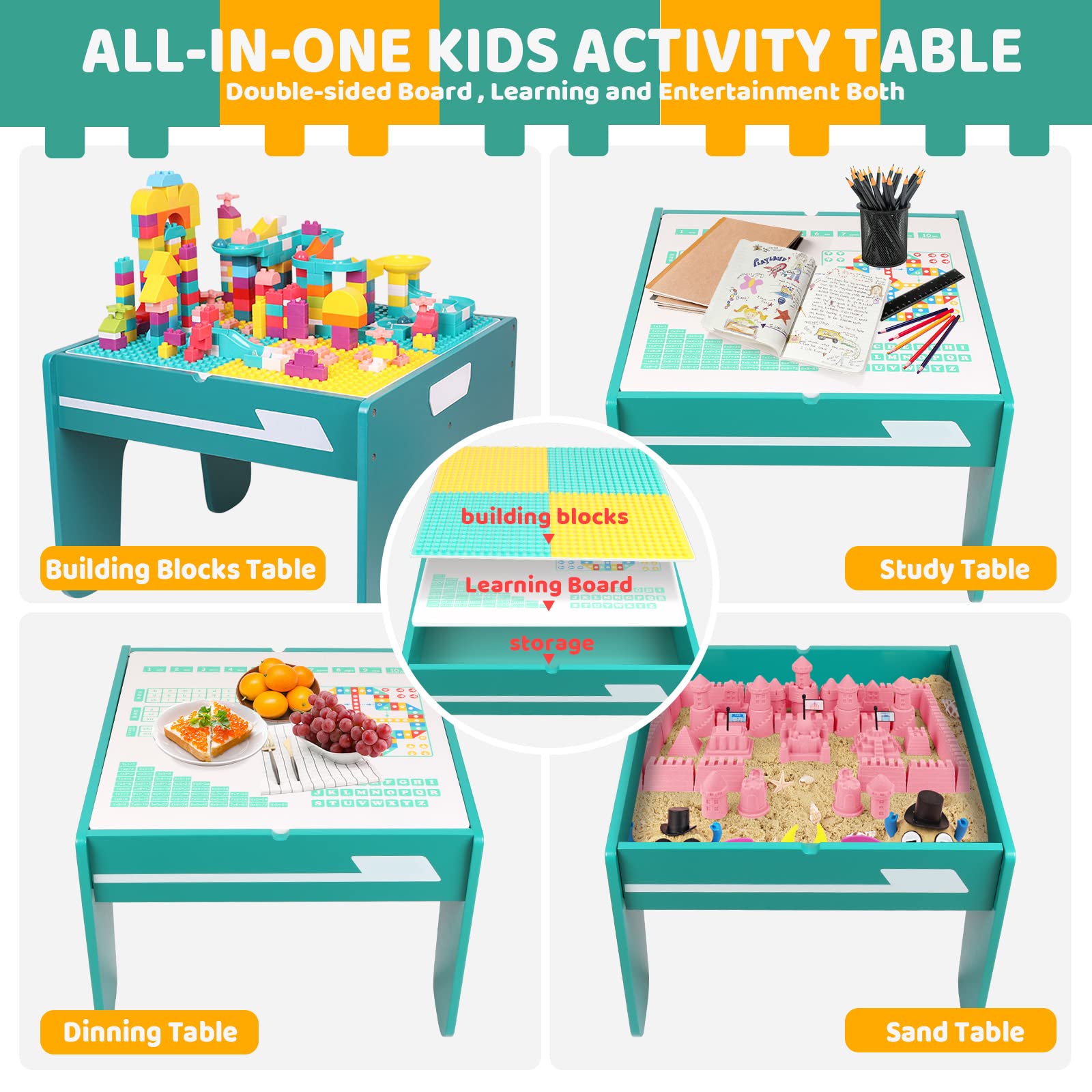 TRENDBOX 7 in 1 Activity Table for Toddlers, Wooden Kids Table and Chair Set with 200Pcs Building Blocks, All-in-One Kids Play Table, Drawing Table, Learning Table, Eating Table for Toddlers 1-5