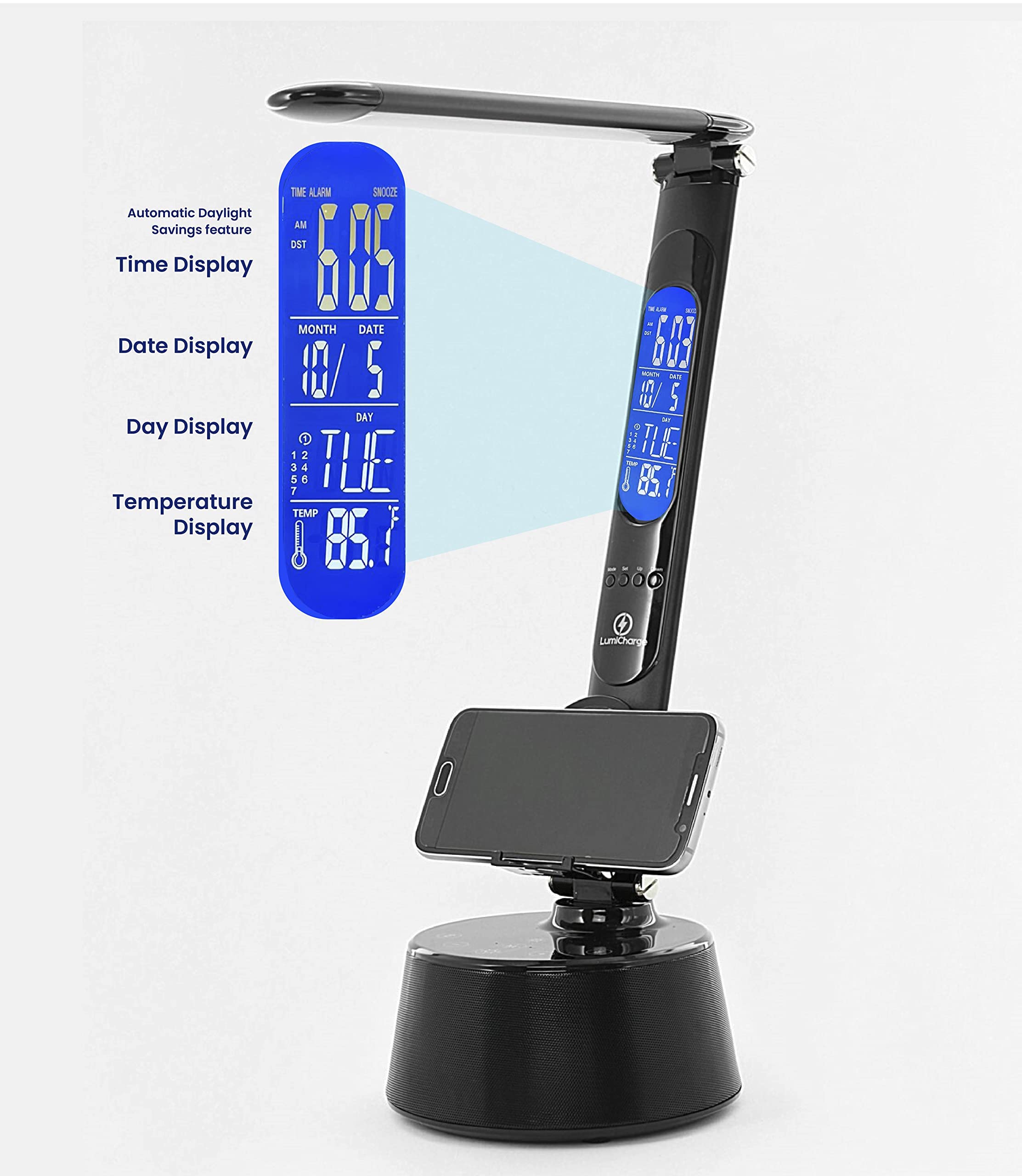 LumiCharge T2W- LED Desk Lamp,Bluetooth Speaker, Desk Lamp with Wireless Charger Compatible with iPhone, USB Charging Port, Table Lamp with Clock, Date, Temperature, Bedside lamp for Home Office