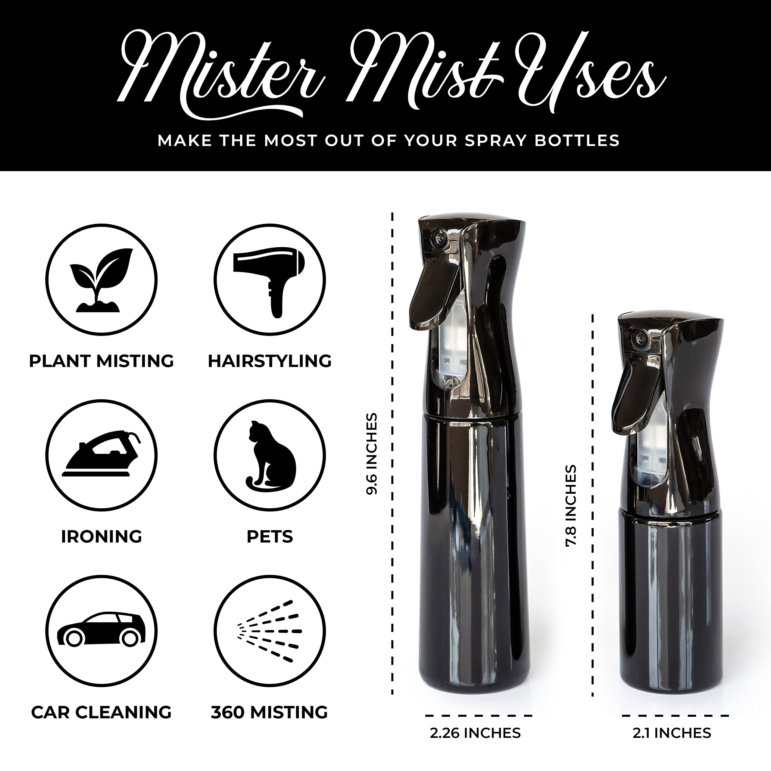 Mister Mist Spray Bottles 5-Pack. Continuous Mist Spray Bottle for Hair Mist, Plant Mister Spray Bottle for Plants, Cleaning Spray Bottle, Fine Mist Water Spray Bottle. Empty Pressurized Spray Bottle
