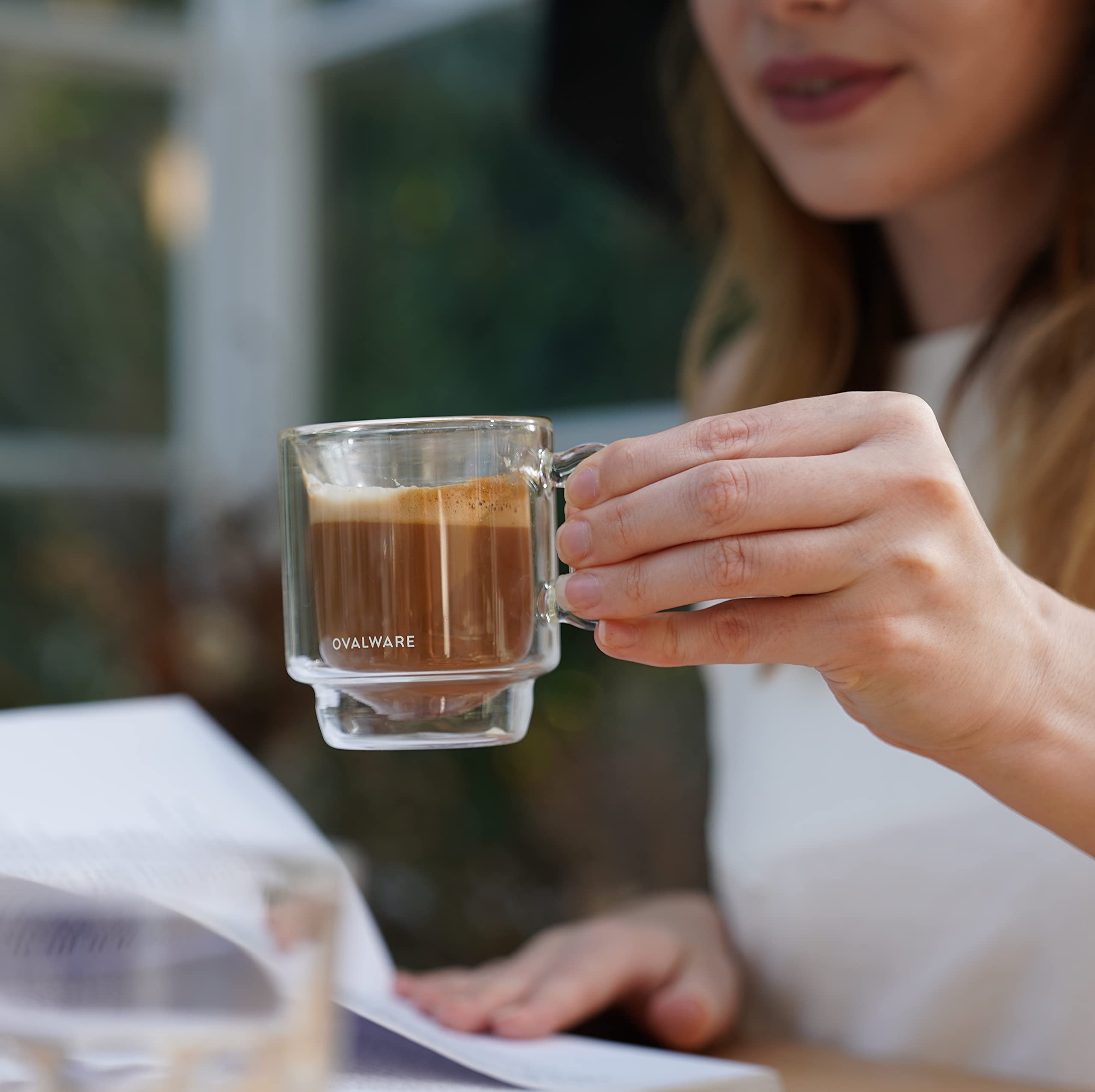ovalware RJ3 Espresso Coffee Glass Cups 4oz/120ml (Set of 2) Double Walled Glass Cup w/Solid Butterfly Handle- Elegant Borosilicate Espresso Shot Mug - Stackable Insulated Transparent Demitasse Glass
