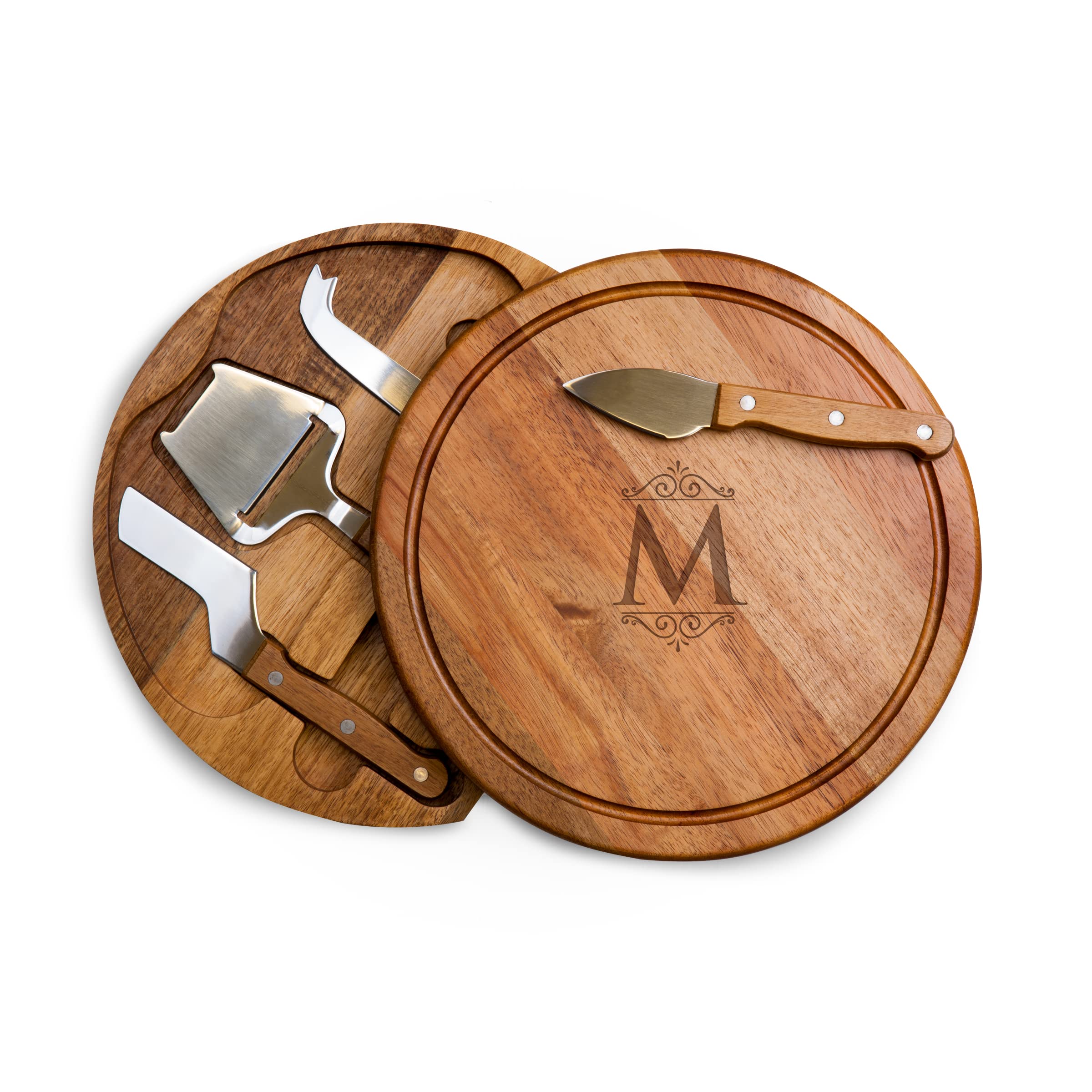TOSCANA - a Picnic Time brand Personalized Monogram Initials Acacia Circo Cheese Cutting Board & Tools Set, 10.2 x 10.2 x 1.6, Letter M