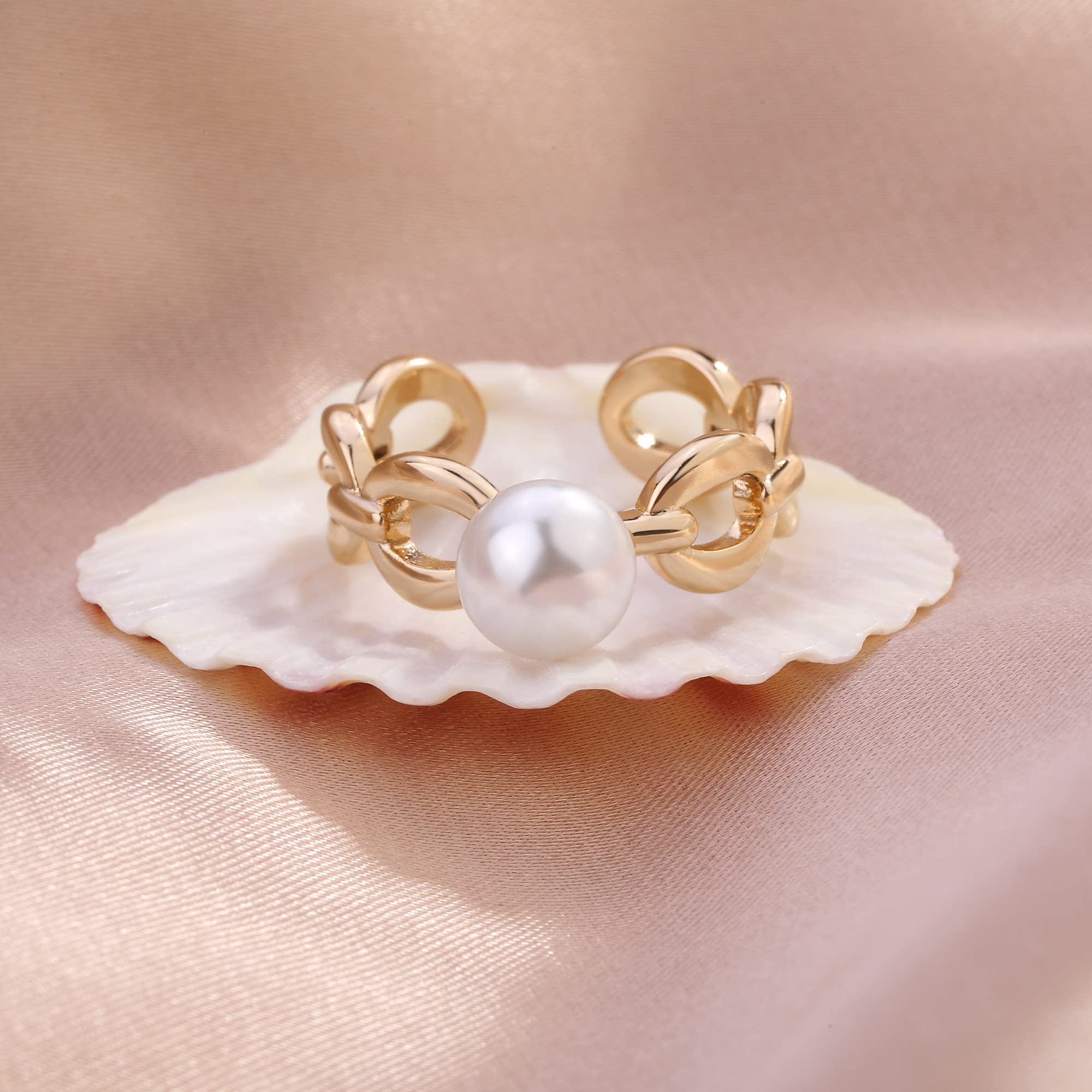 papasgix Pearl Ring for Women, 14K Gold Plated Stackable Open Ring Adjustable Ring Aesthetic Handmade Statement Gold Ring