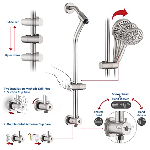 UCLIMAA Rainfall Shower Head with Handheld Shower Spray, with 26" Drill Free Adjustable Height Slider Bar, High Pressure Dual Shower Head Combo, 3-Way Diverter for Easy Reach, 5Ft Hose-Brushed Nickel