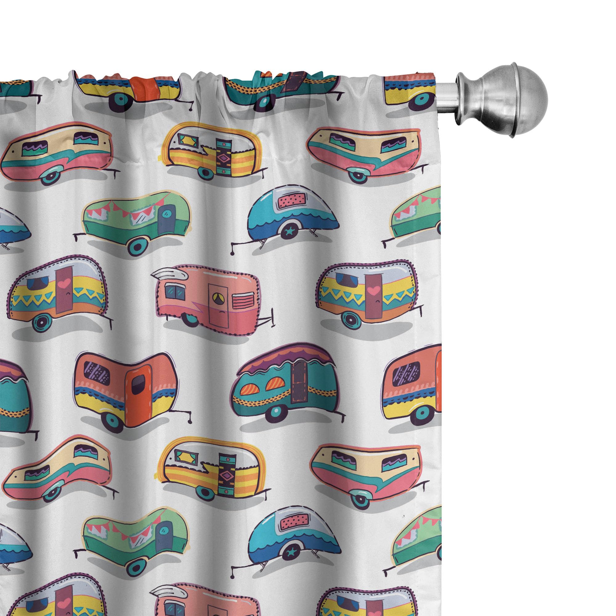 Lunarable Cars Window Curtains, Vintage Travel Trailers Colorful Vehicles Geometric Patterns Camping Holiday, Lightweight Decor 2-Panel Set with Rod Pocket, Pair of - 28" x 63", Coral Blue