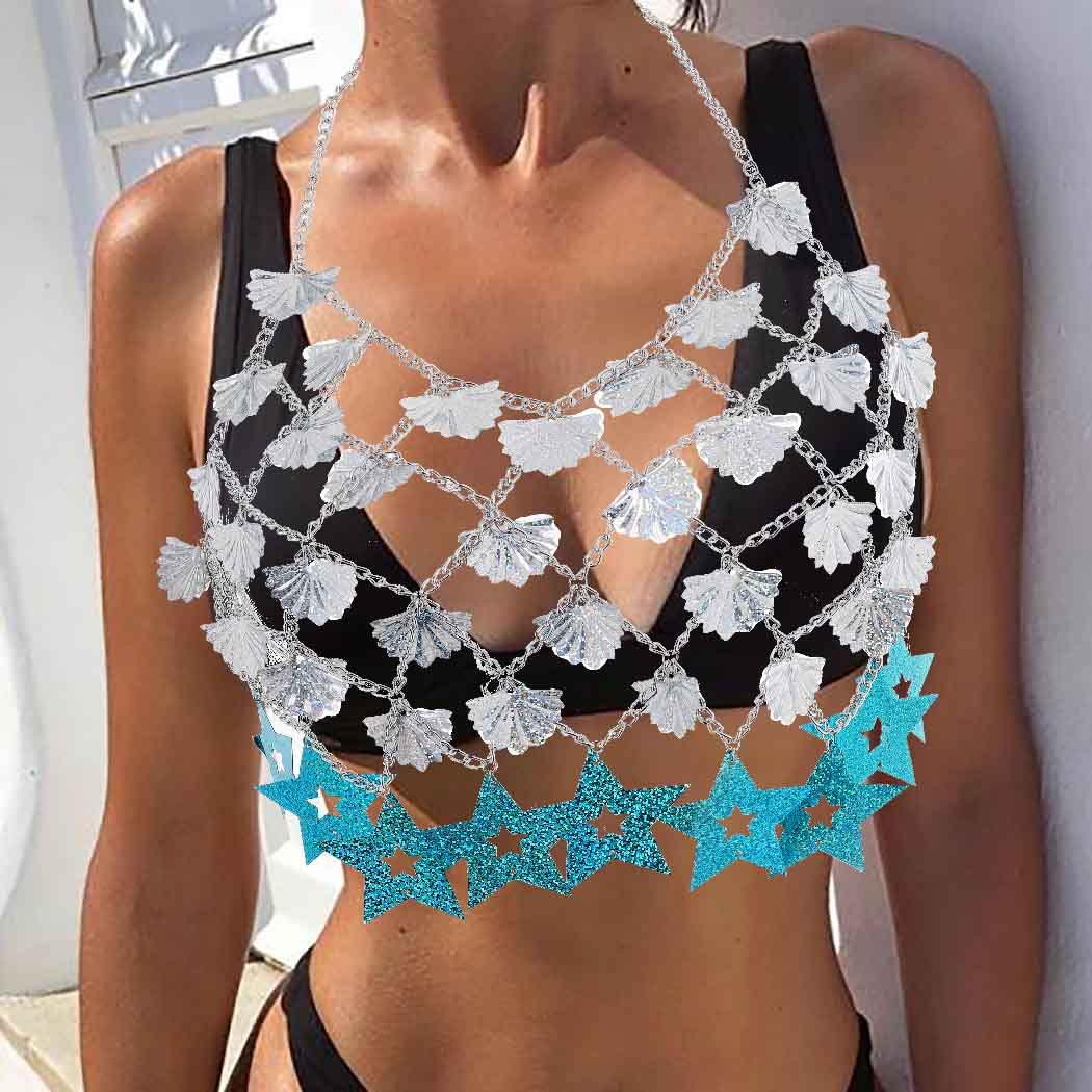 Sexy Body Chain Bikini Silver Tassel Star Sequins Bra Halter Backless Crop Top Shell Beach Party Chest Chains Jewelry for Women