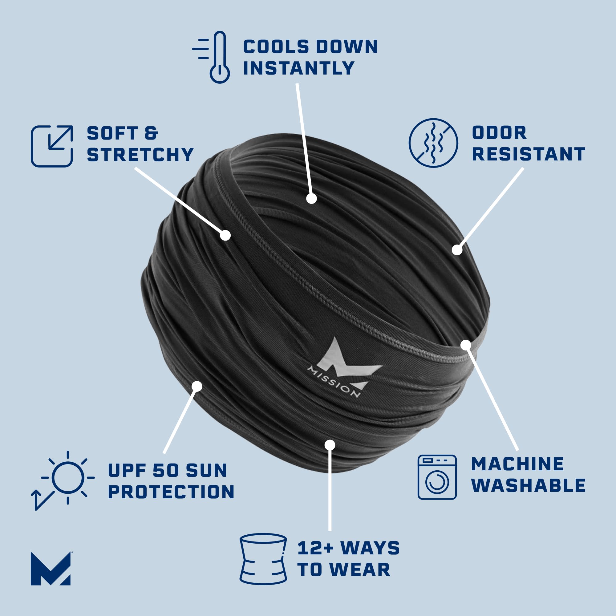 MISSION Cooling 12-in-1 Neck Gaiter, Charcoal - Lightweight & Durable - Cools Up to 2 Hours - UPF 50 Sun Protection - Machine Washable