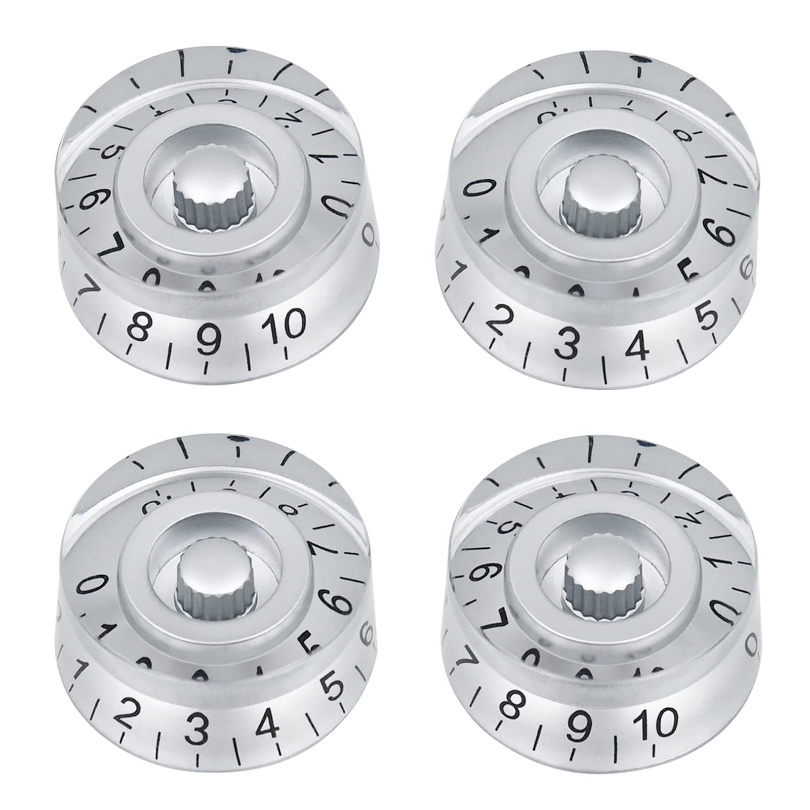 Micovay 4pcs Volume Tone Speed Control Knobs Hat Shape for Les Paul LP Style Bass Electric Guitar Parts, Transparent Silver with Black Numbers