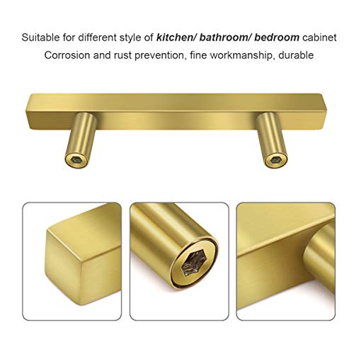 SUNRIVER 20 Pack Hollow Brushed Brass Golden Square Bar Cabinet Handles Pulls 10pcs Gold Hardware Cabinets Pulls 5" and 10pcs Stainless Steel 2" Cabinet Handles T Bar Pulls for Bathroom