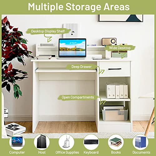Tangkula White Computer Desk with Drawer & Keyboard Tray, 22 Inch Wide Modern Study Writing Desk with Desktop Hutch & Storage Shelves for Kids, Wood PC Laptop Desk, Desk for Bedroom