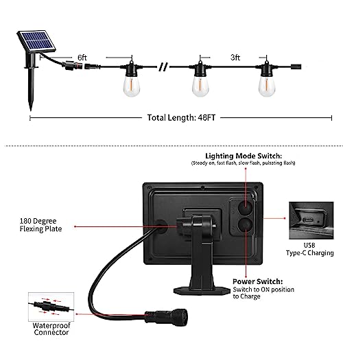 SUNTHIN Outdoor Solar String Lights, 48ft Solar Patio Lights with USB Rechargeable, Waterproof & Shatterproof Solar Powered Bulbs for Yard, Porch, Garden, Pool, Party, Camping