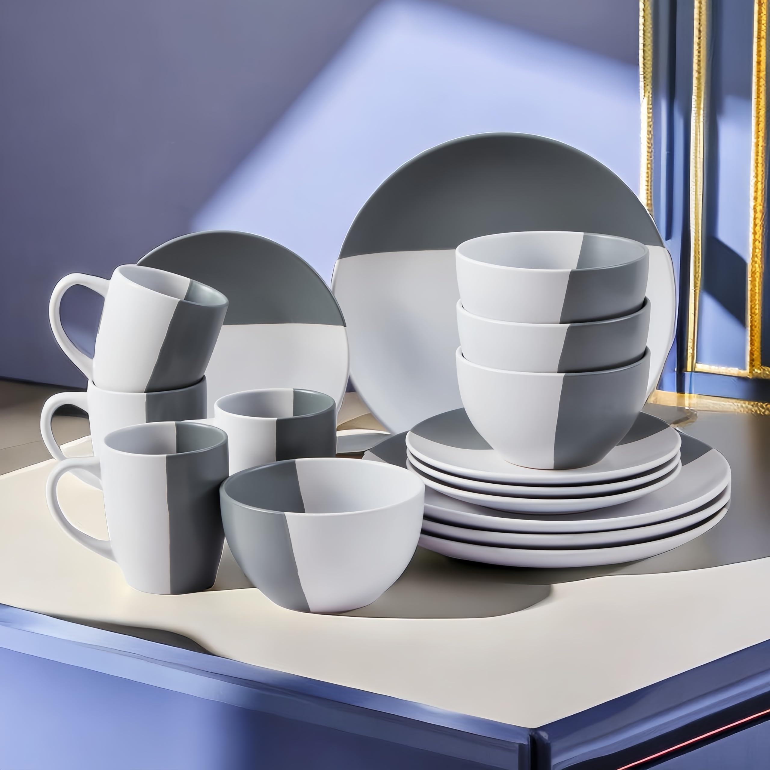 Lerinseu Round Dinnerware Set, 16 Piece Dishes set with 4-Piece Dinner Plates, Dessert Plate,Bowls and Mugs, Plate and Bowls set,Service for 4,Safety for Microwave & Dishwasher(Grey white)