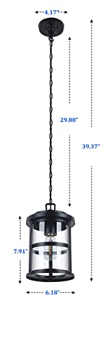 UFOND Outdoor Pendant Lantern for Porch, Pendant Light in Black Finish, 1-Pack Exterior Hanging Lantern with Clear Glass and Adjustable Chain,Gazebo Light Fixture for Patio Garage Entryway