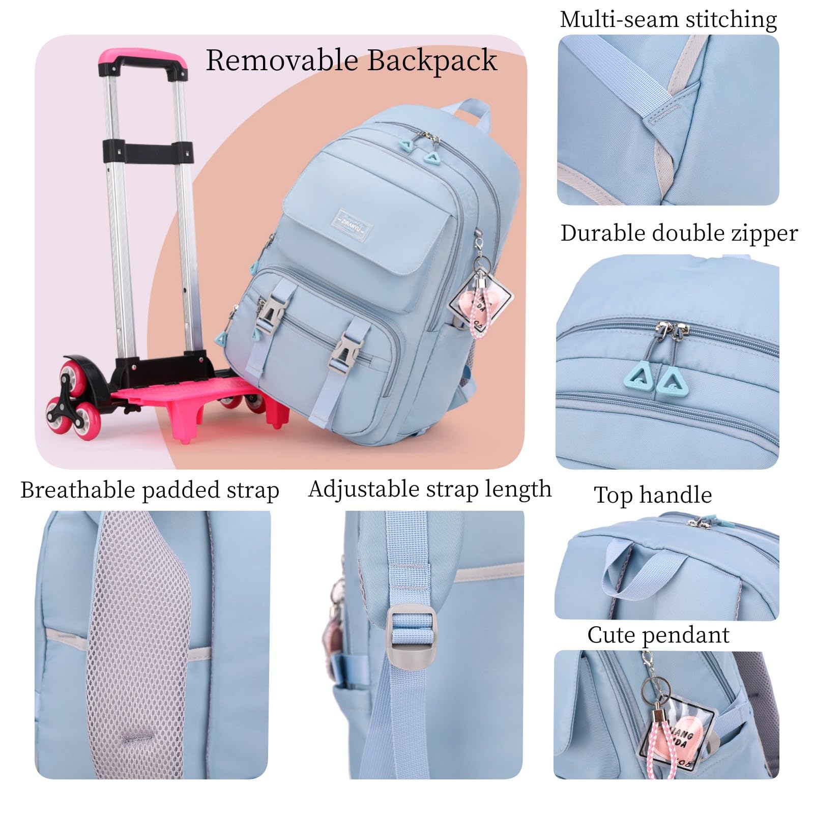 MITOWERMI Black Rolling Backpack for Boys Girls Trolley School Bags Elementary Middle Kids Bookbags with Wheels