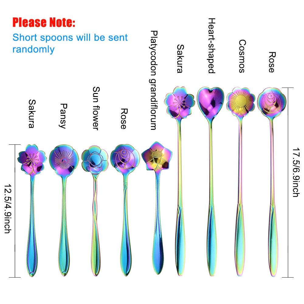 SelfTek 8Pcs Rainbow Flower Spoon Set, 2 Different Size Colorful Stainless Steel Reusable Teaspoons Coffee Sugar Stirring Spoon Dessert Cake Spoons Tea Scoops Table Spoon Mixing Spoon Ice Tea Spoon